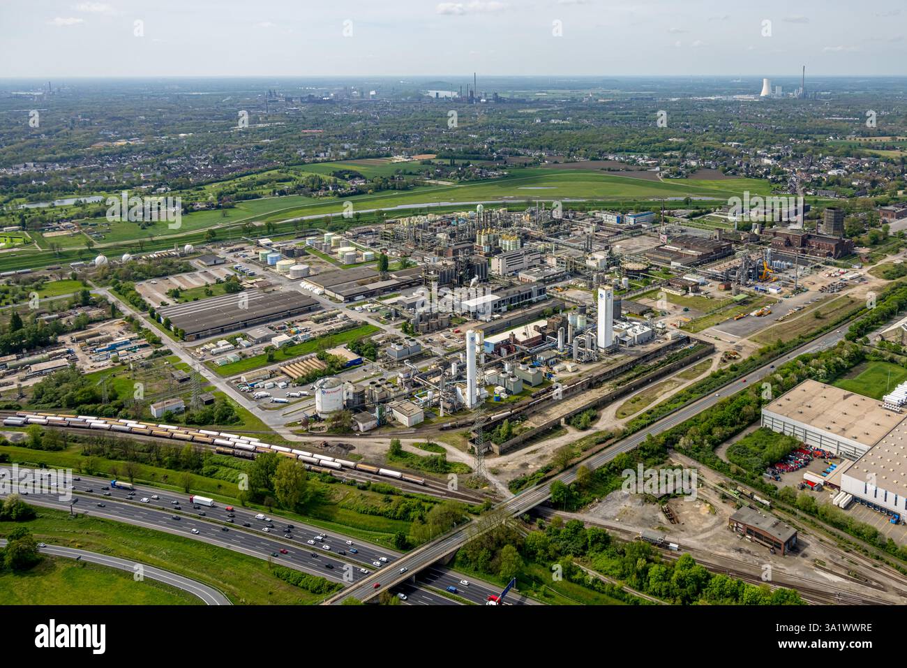 Aerial view, OQ Chemicals plant Ruhrchemie, in the background a flooded ...