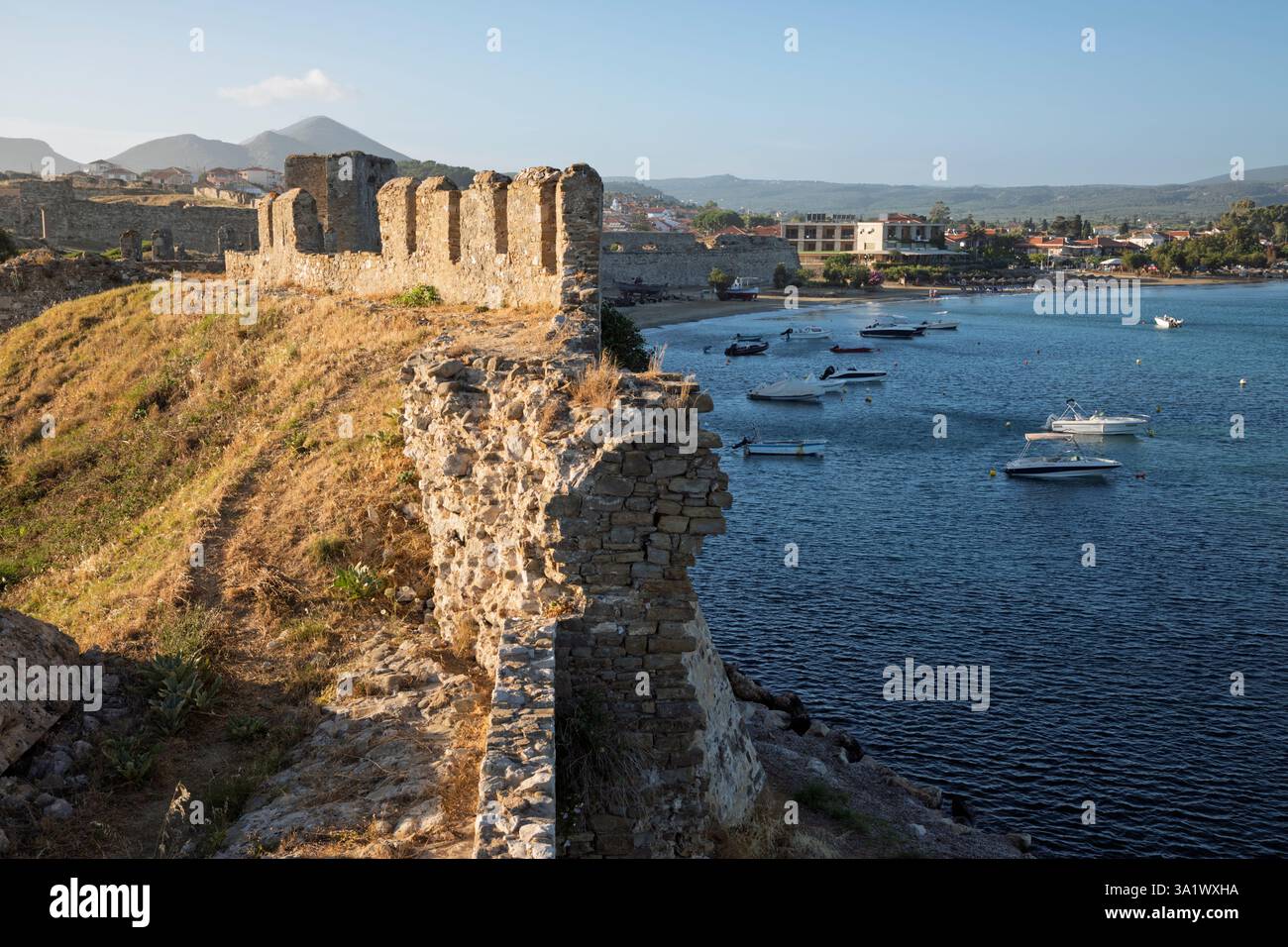 Walls of Methoni Castle with town behind, Methoni, Messenia ...