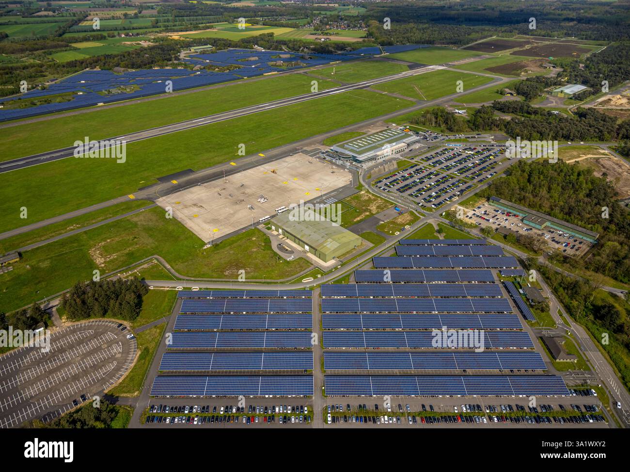 Aerial view, Airport Weeze, Ryanair airline, runway and landing strip ...