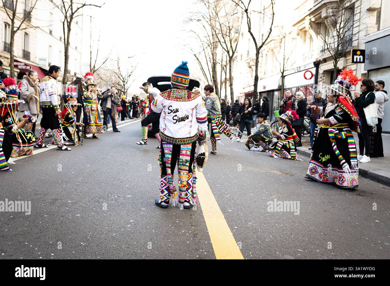 Dancers from Bolivian group San Simon parade during the Paris Carnival ...