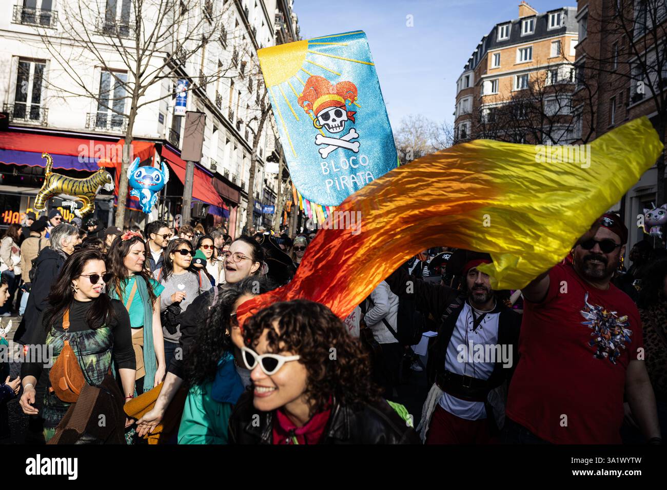 Paris, France. 02nd Mar, 2025. An improvised group "Bloco Pirata" plays ...