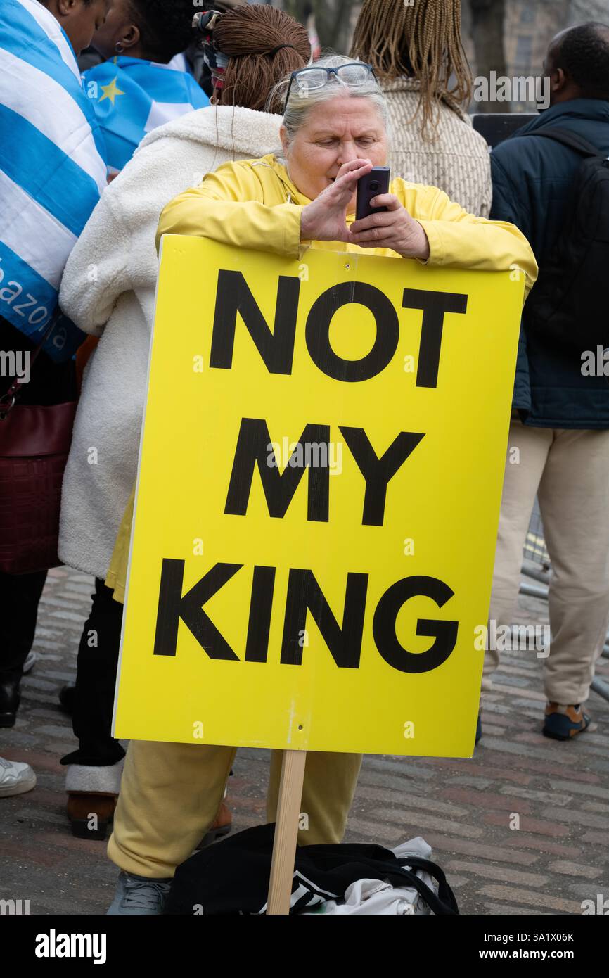 London, UK. 10 March, 2025. Members of anti-monarchy campaign group ...