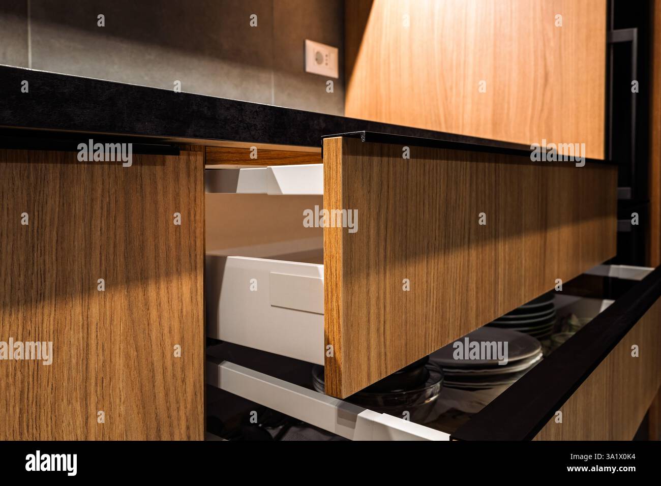 Modern luxury kitchen cabinet drawers made of oak wood veneer ...