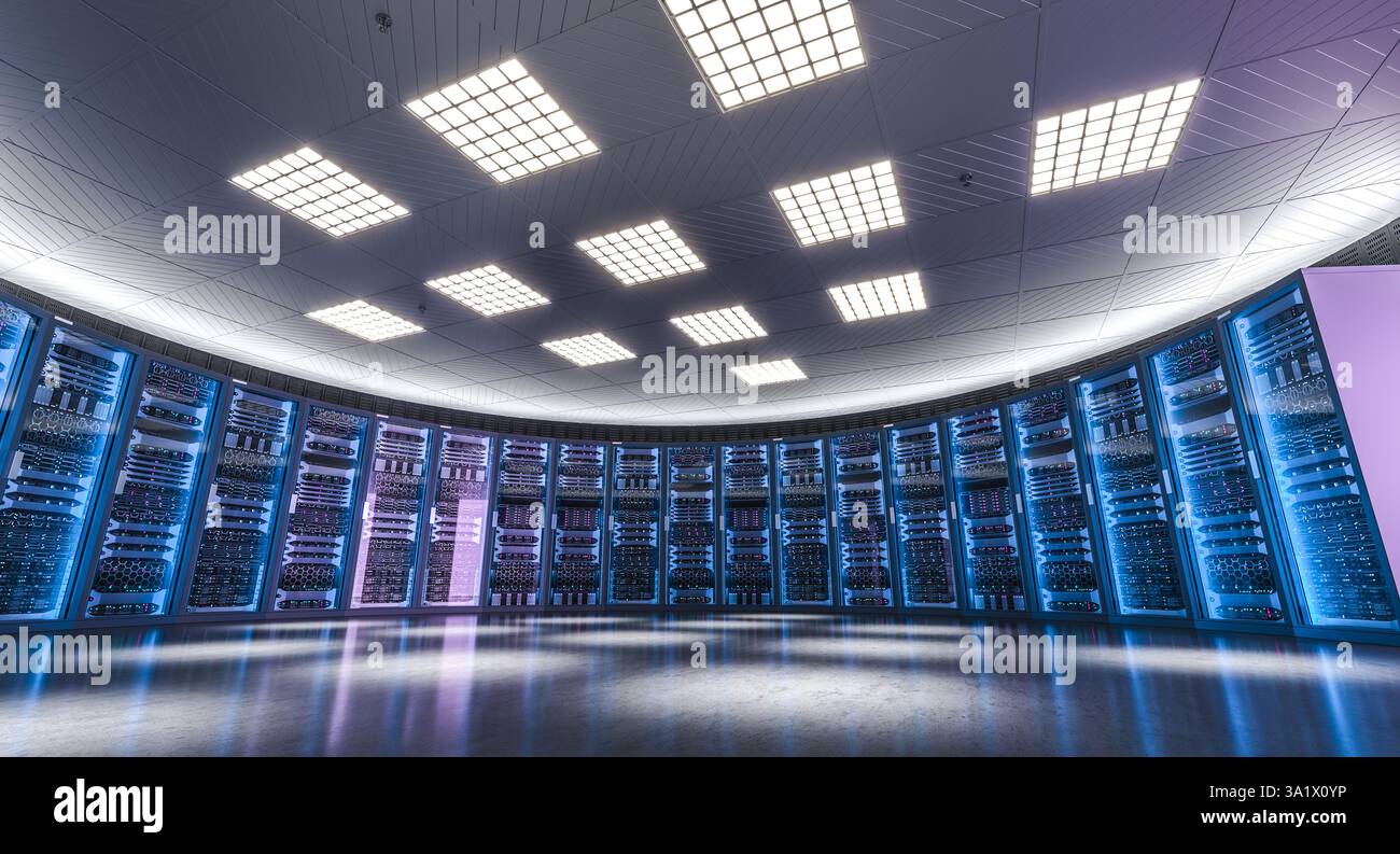 Server room hosting big data with futuristic purple and blue lights 3d Stock Photo - Alamy