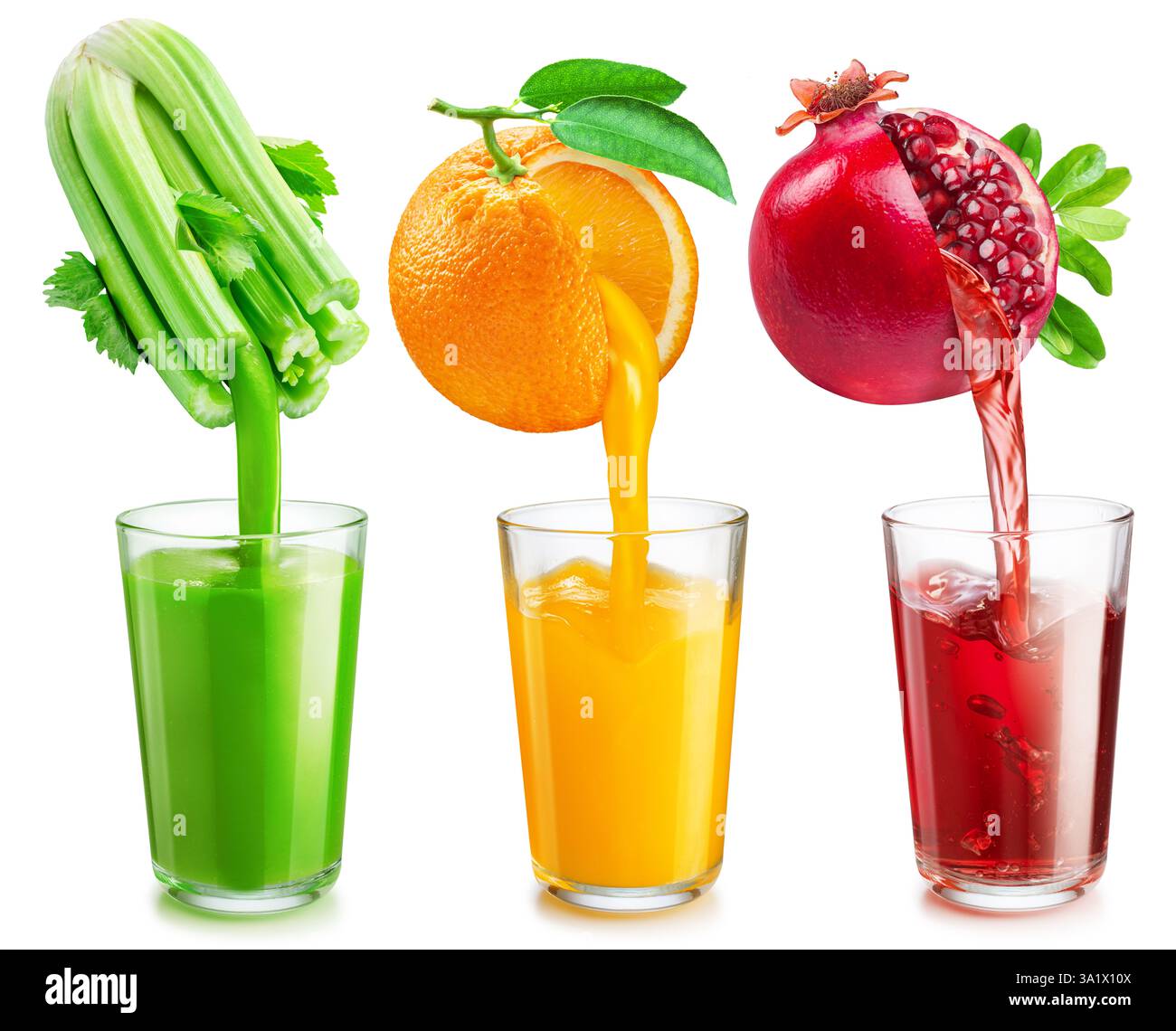 Set of fruit juice glasses and fresh juice pouring from fruits into the glasses isolated on ...
