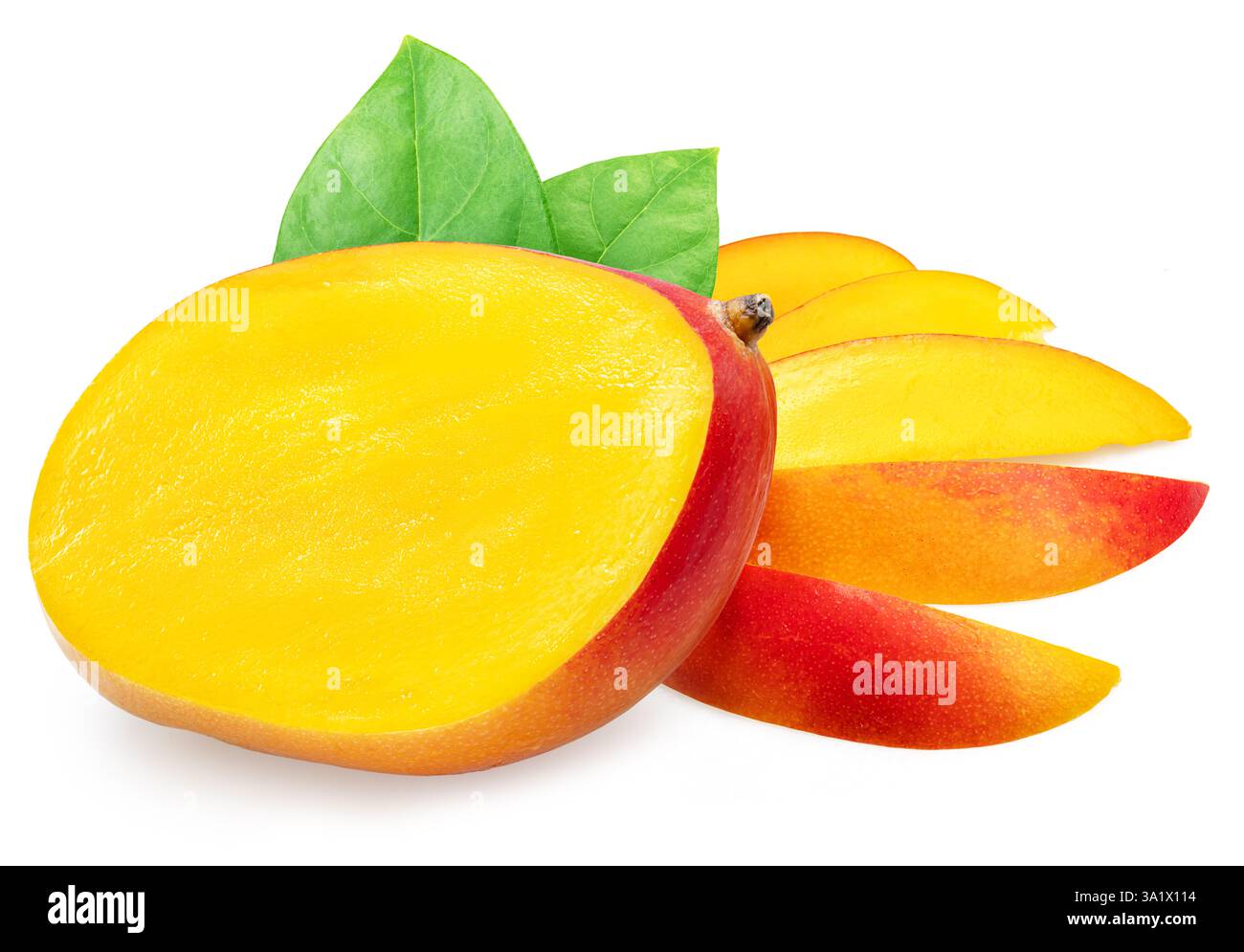Mango fruit cross section, mango leaf and mango slices isolated on ...