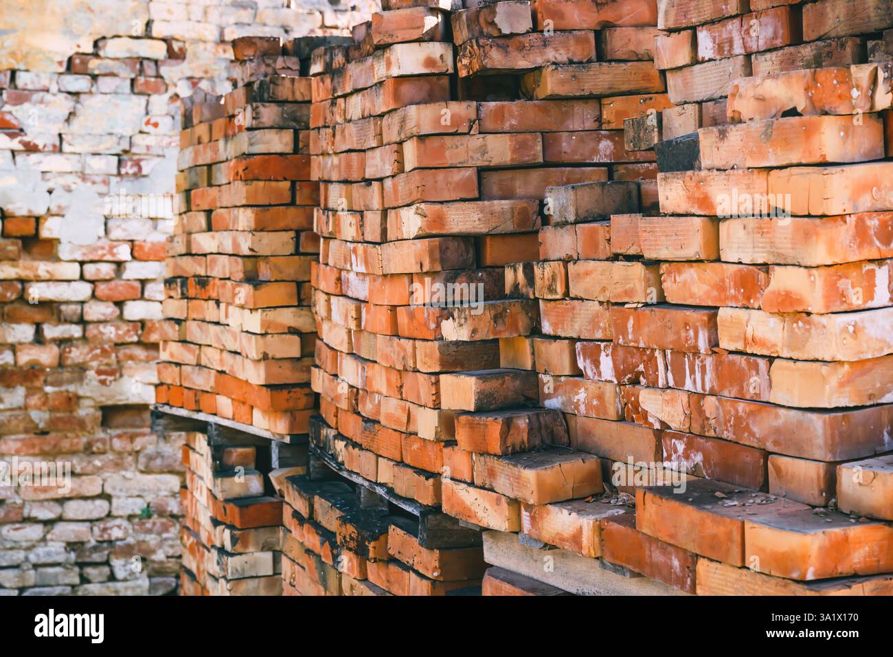 Stack of old work bricks on construction site, selective focus Stock ...
