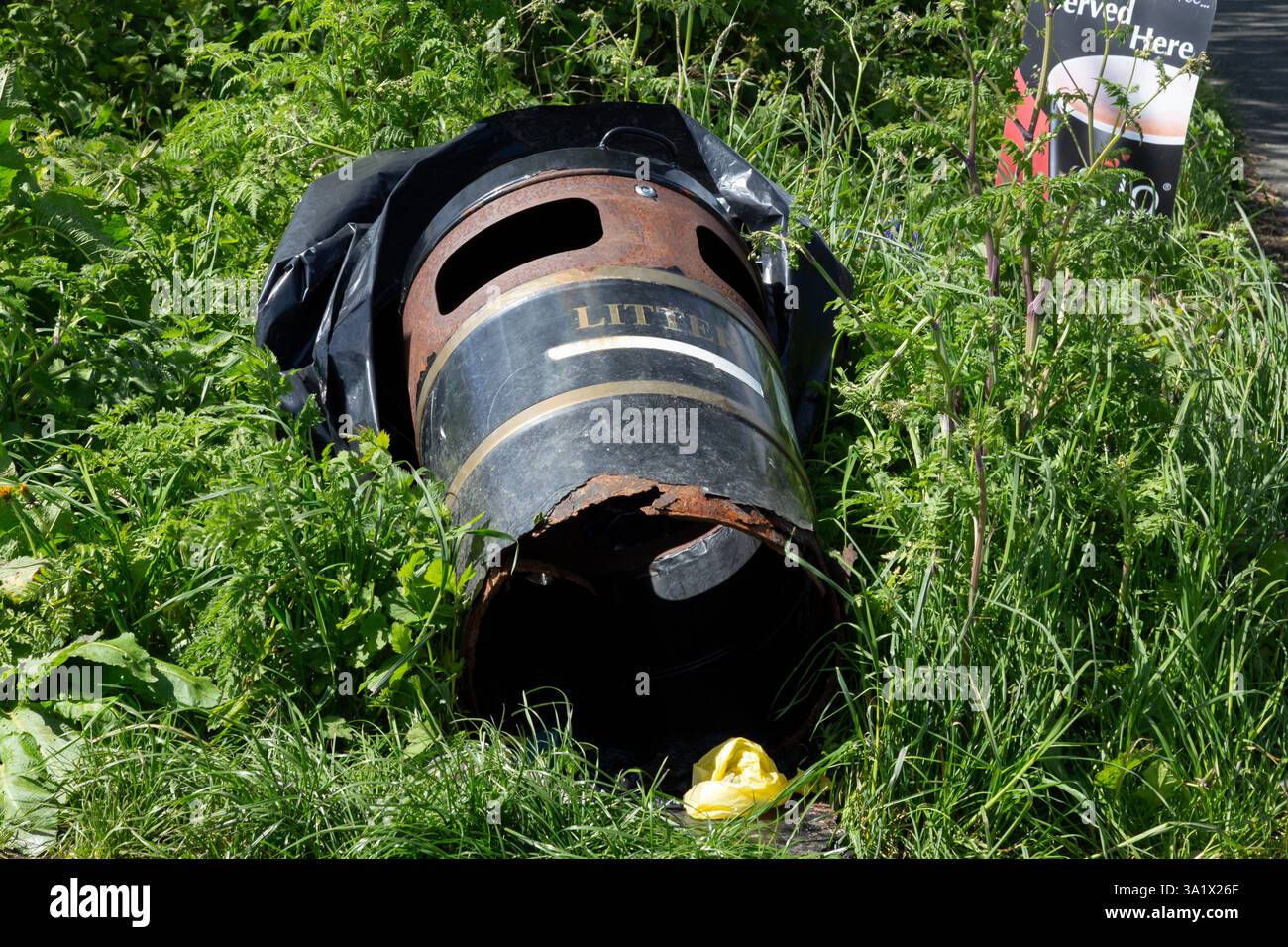 A rusty, damaged, depreciated litter bin on it's side. The bottom of ...