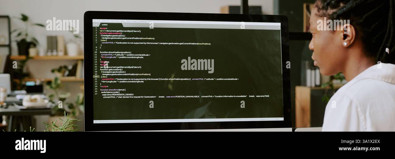 Website banner with African American female developer coding on ...