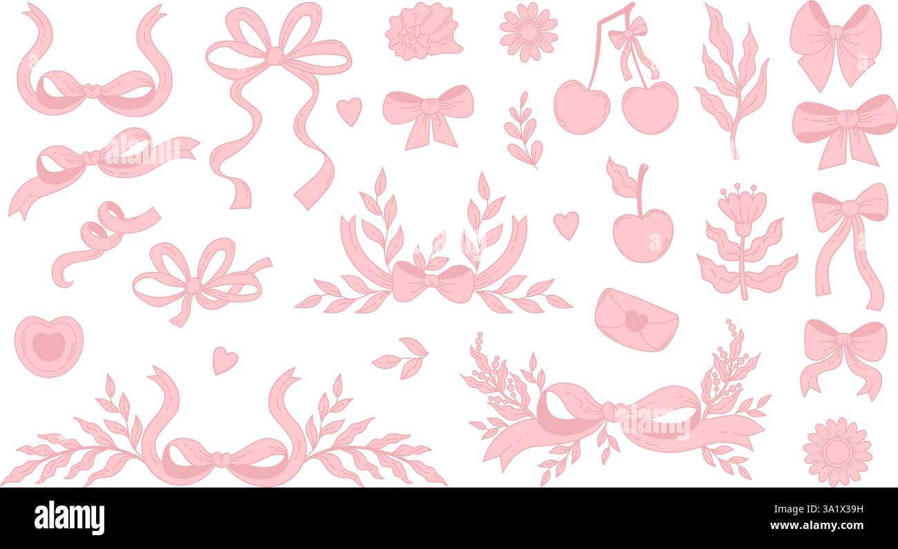 Vintage coquette aesthetic pink ribbon bow with plants, cherry, heart ...