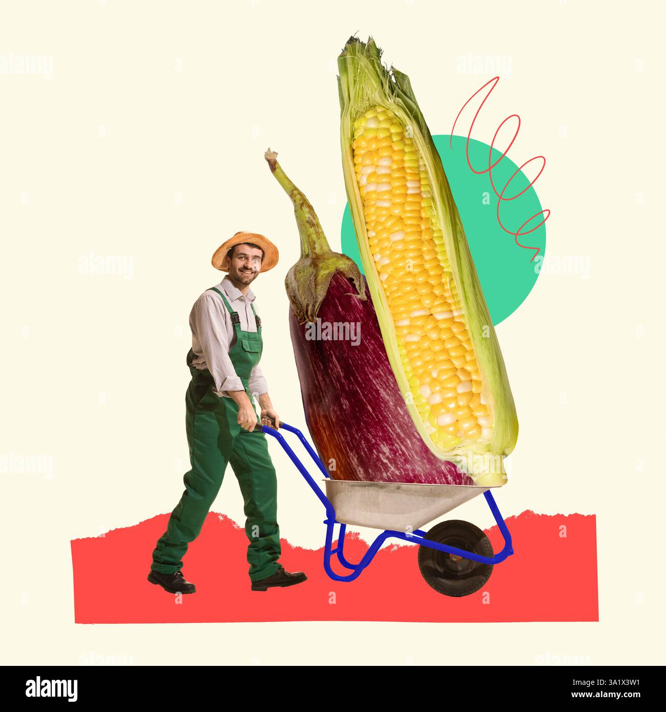 Happy farmer pushing wheelbarrow filled with giant corn and eggplant ...