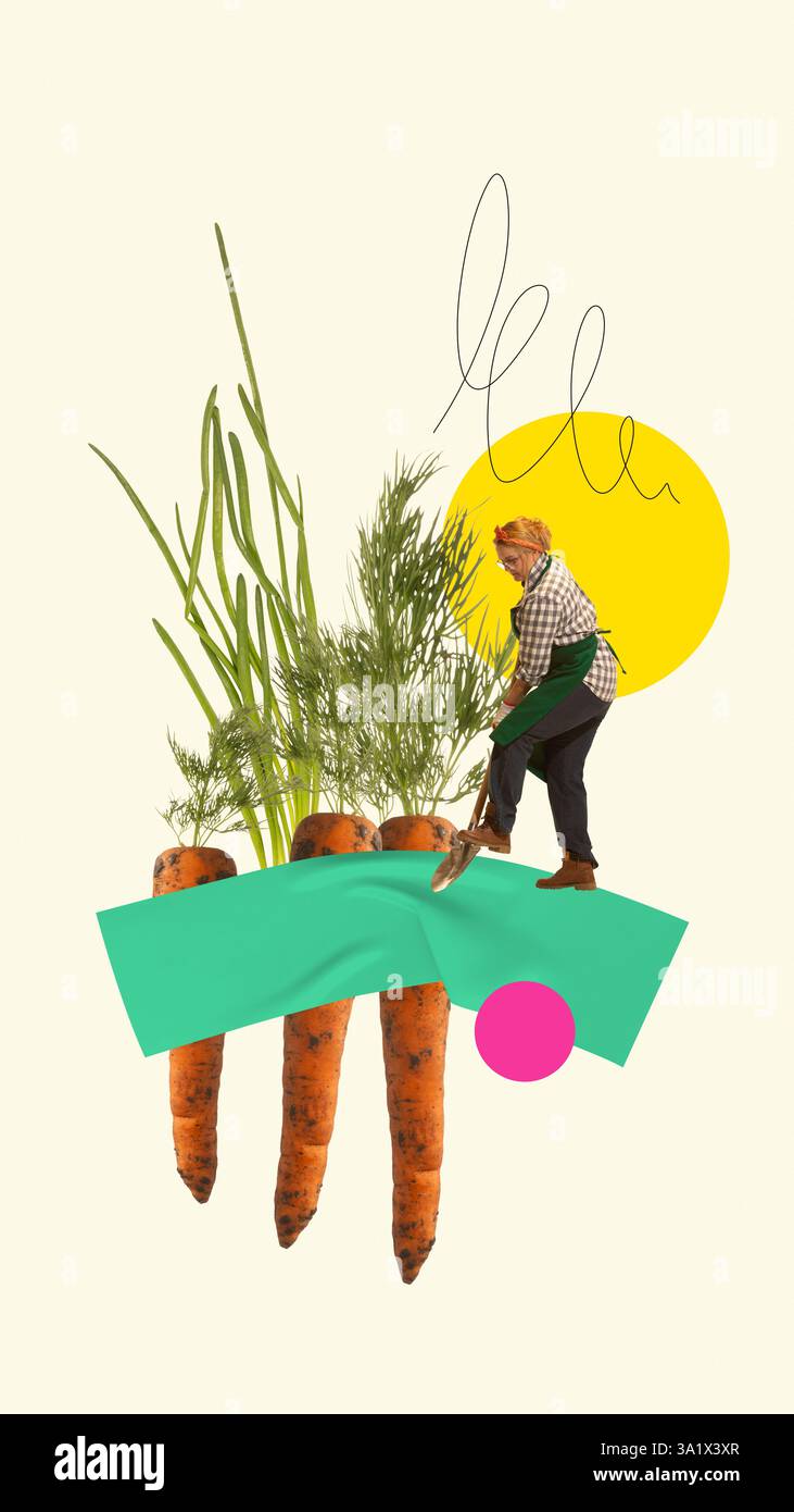 Woman digging massive carrots growing from abstract soil with oversized ...