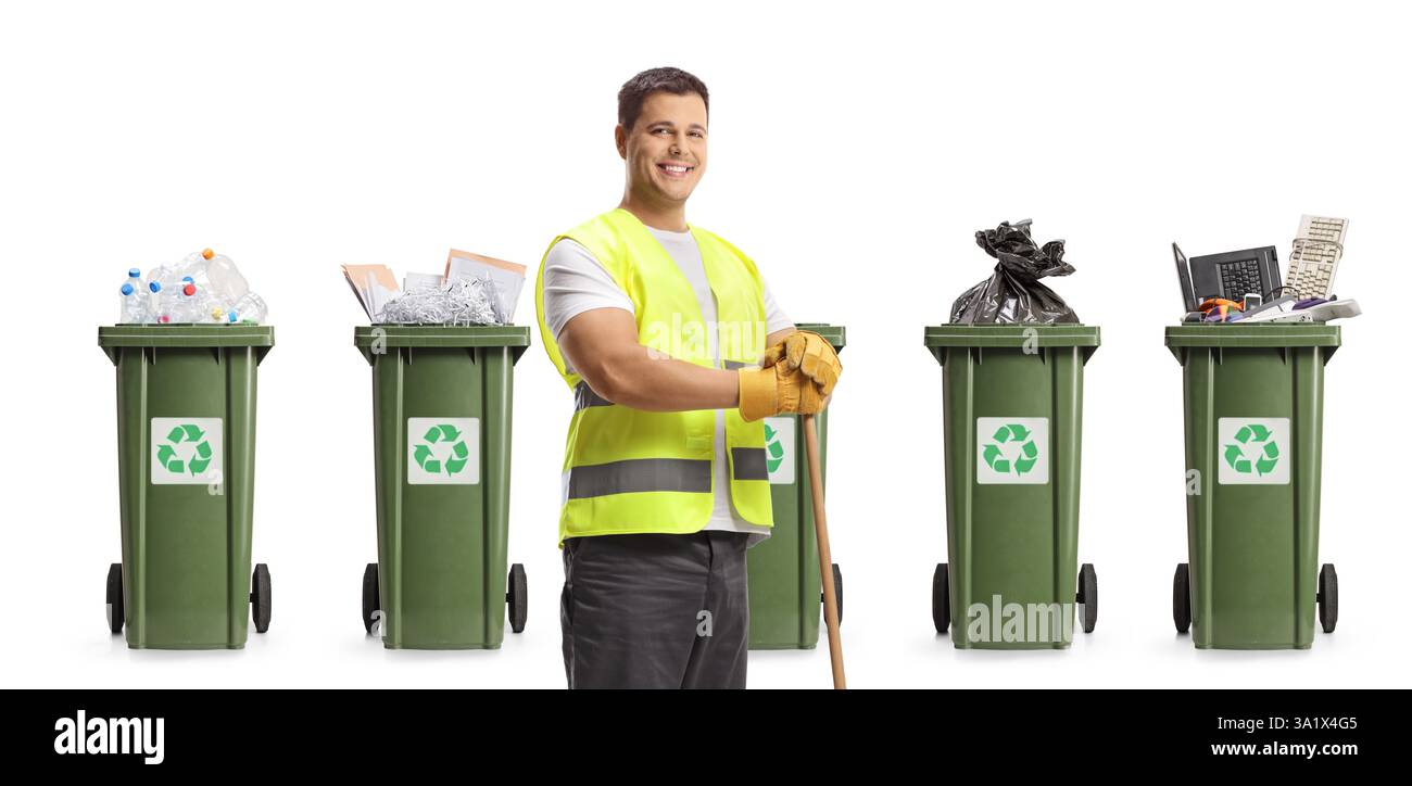 Man sorting recycling waste materials in bins isolated on white ...