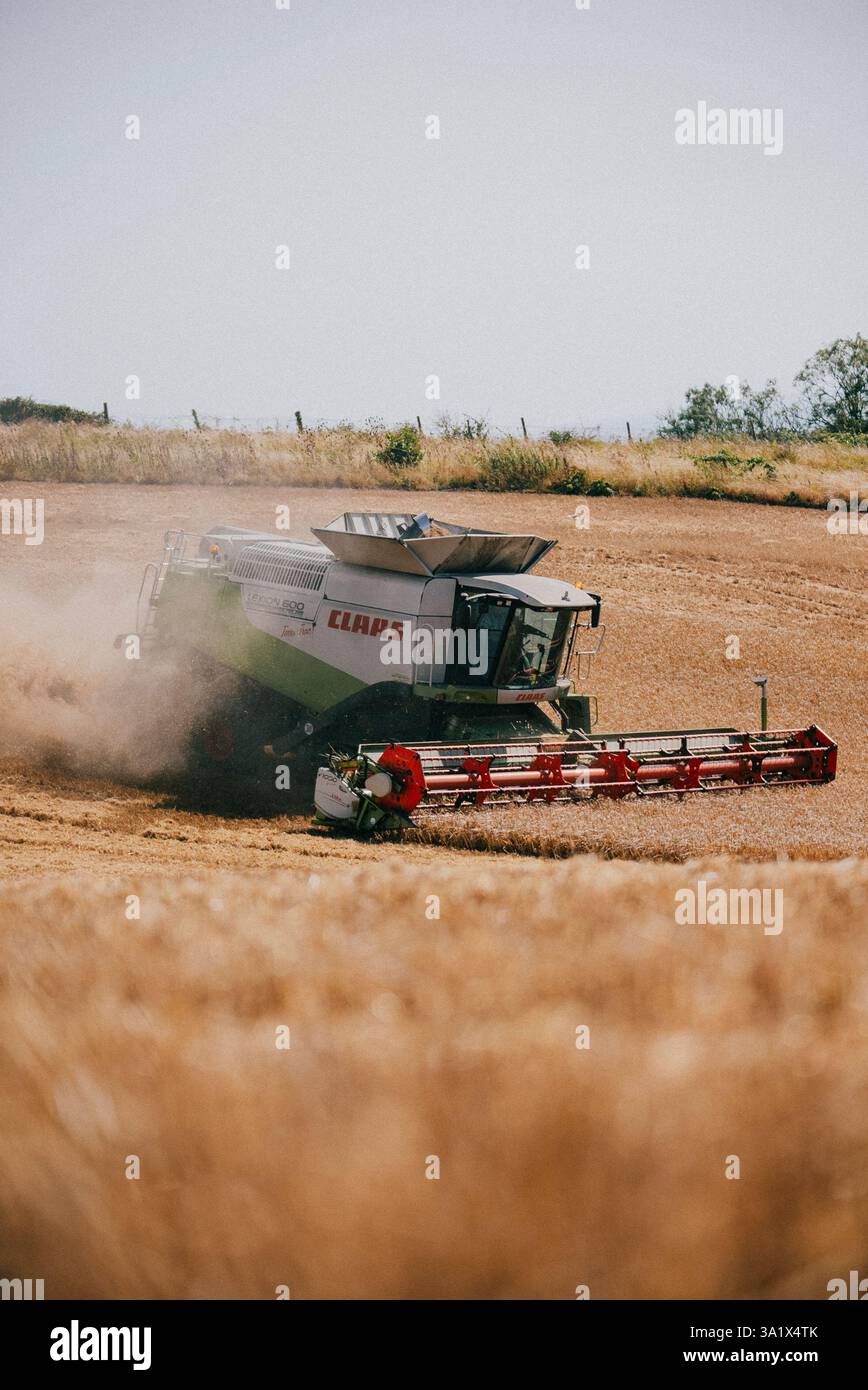 A large farm tractor is plowing a field. The tractor is a Claas model ...