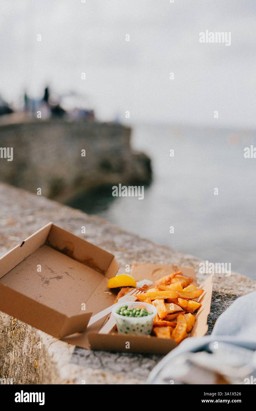 A box of food is sitting on a ledge near the water. The box contains ...