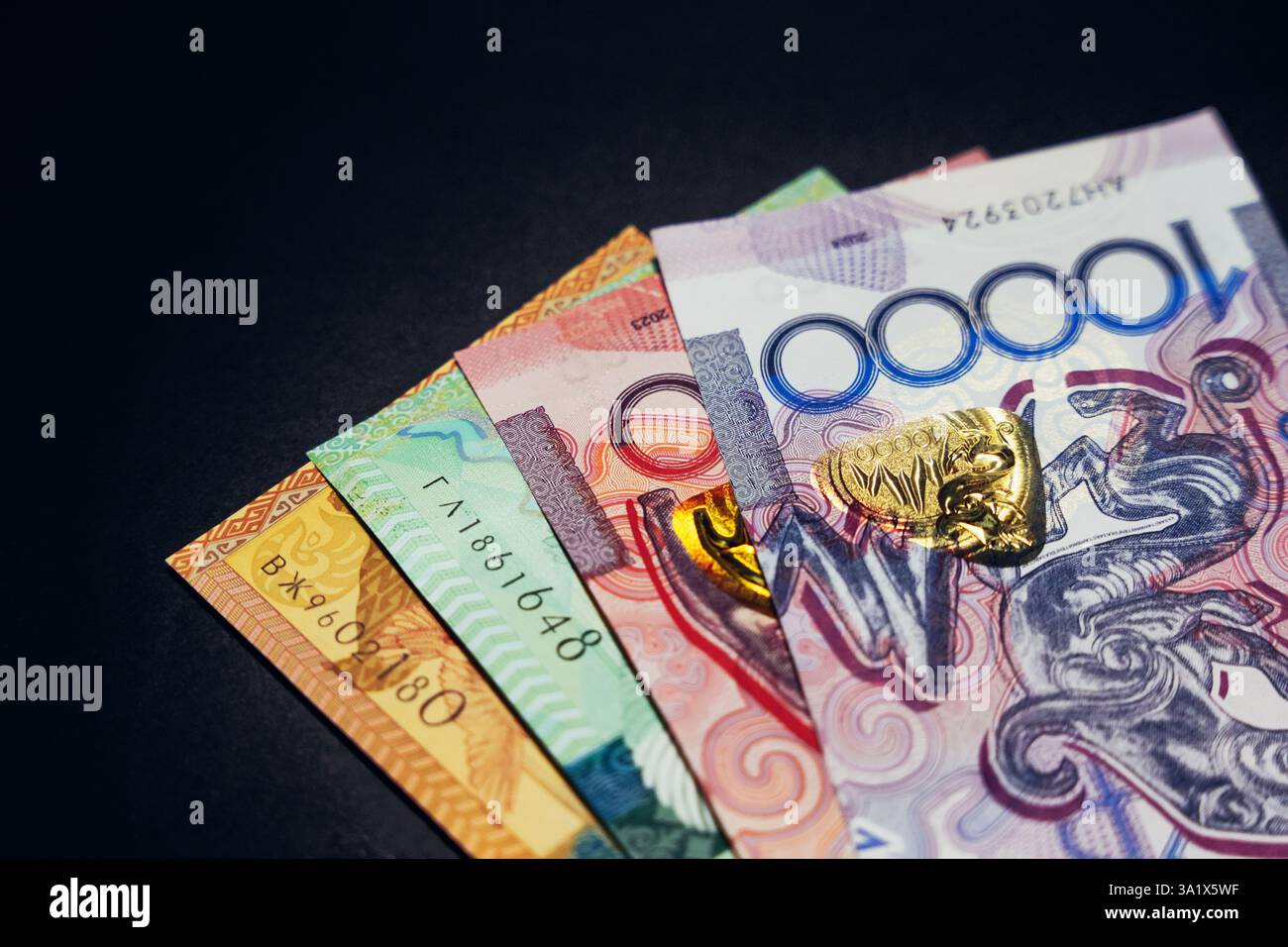 Tenge banknotes of different denominations in descending order. Cash ...