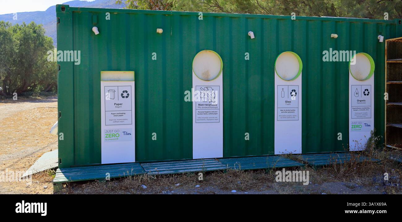 Recycling point steel container at Eristos beach, Tilos Island ...