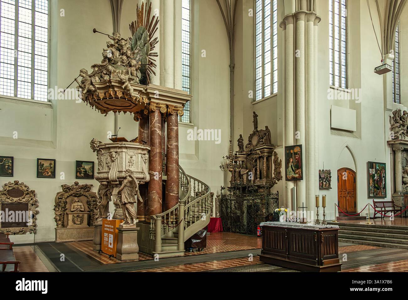 Baroque pulpit adorning the interior of St. Mary's Church in Berlin ...