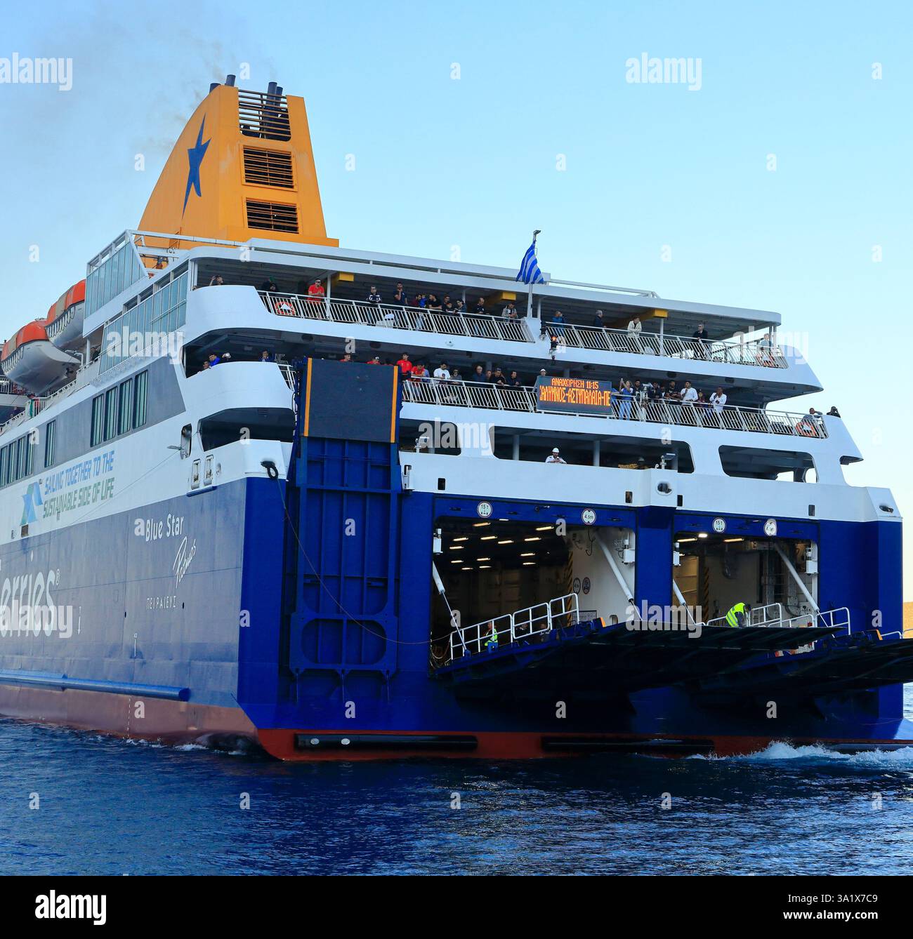 Blue Star Ferry - Patmos - Loading and unloading at Livadia Harbour ...