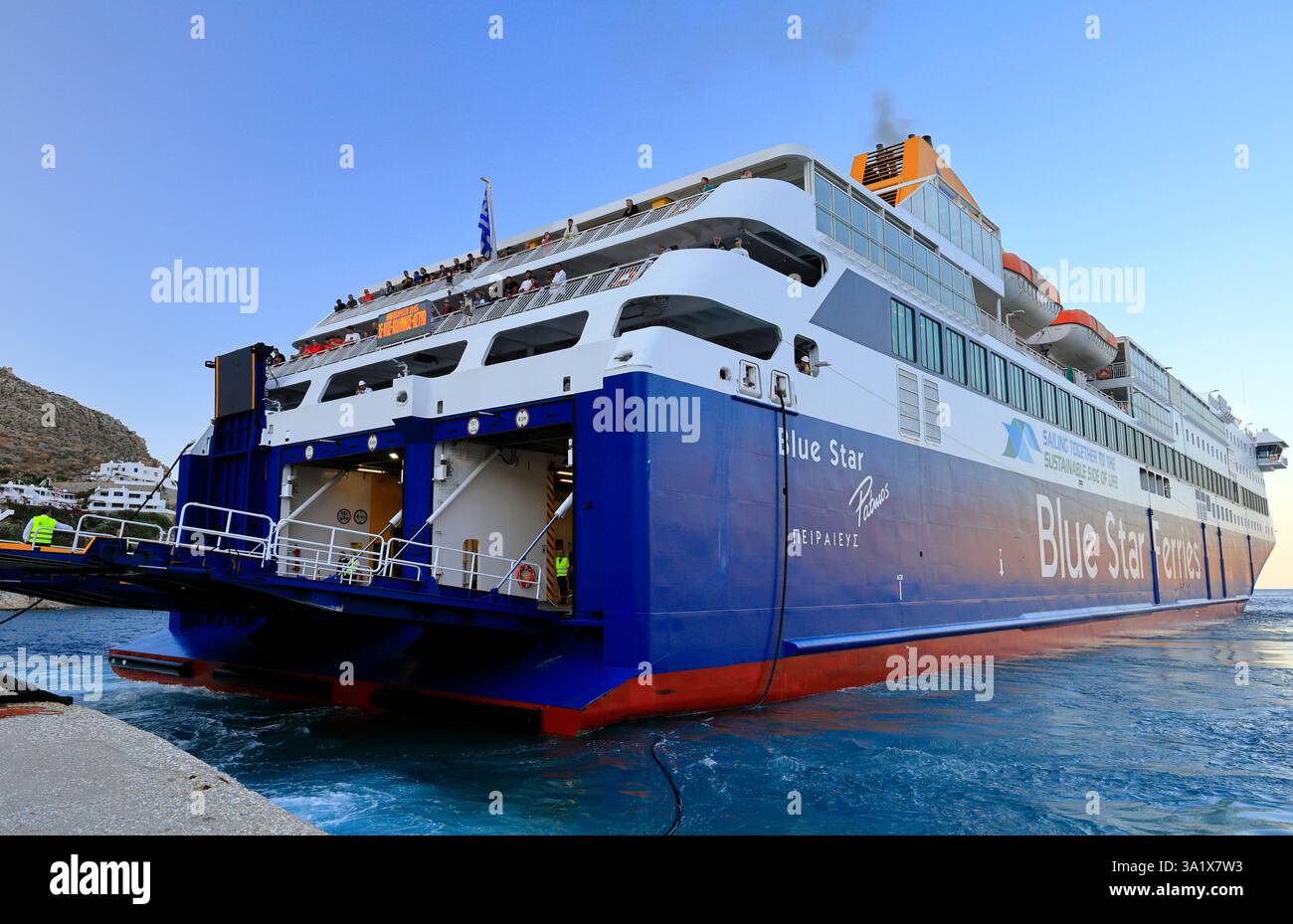 Blue Star Ferry - Patmos- Loading and unloading at Livadia Harbour ...