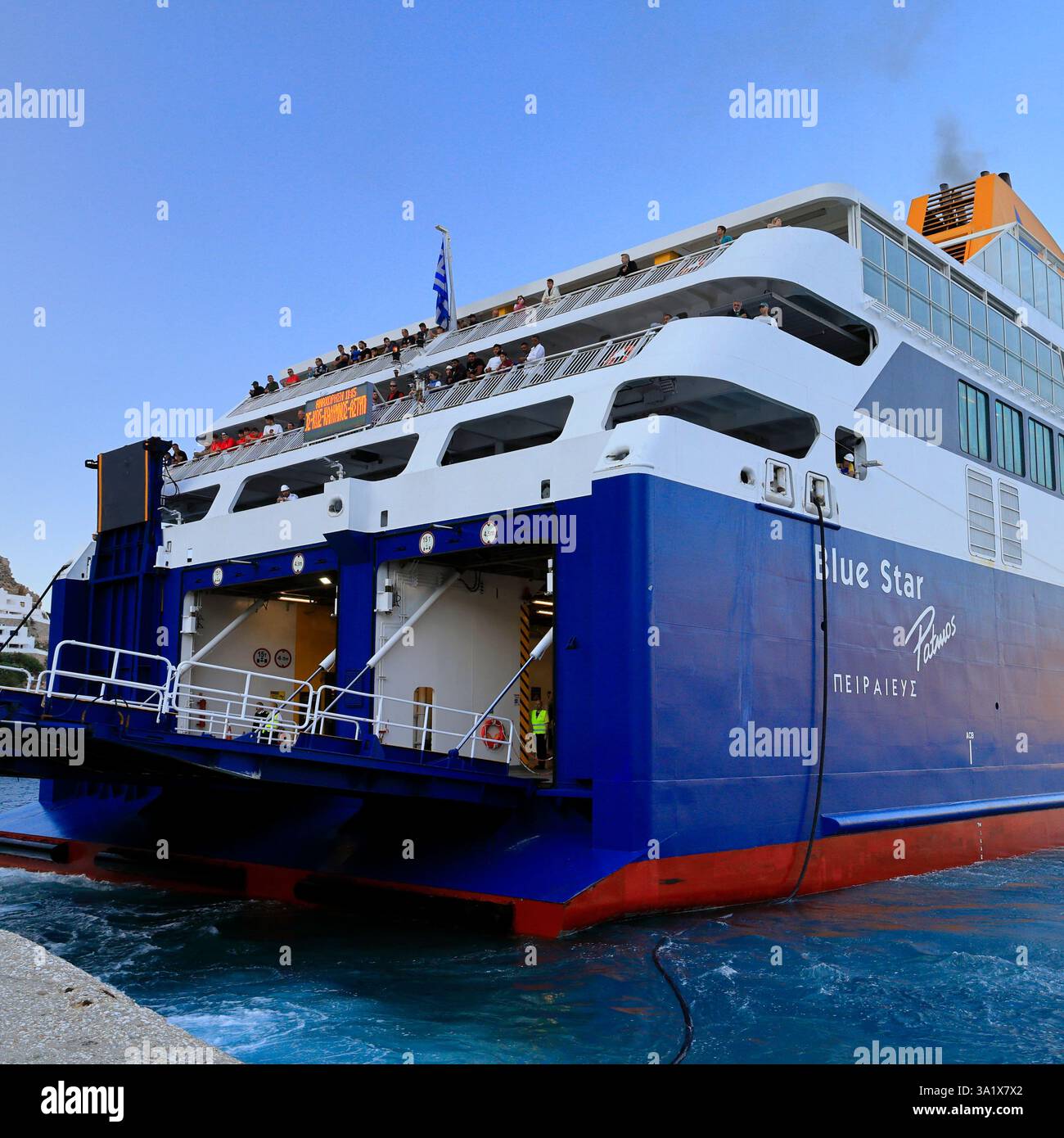 Blue Star Ferry - Patmos - Loading and unloading at Livadia Harbour ...