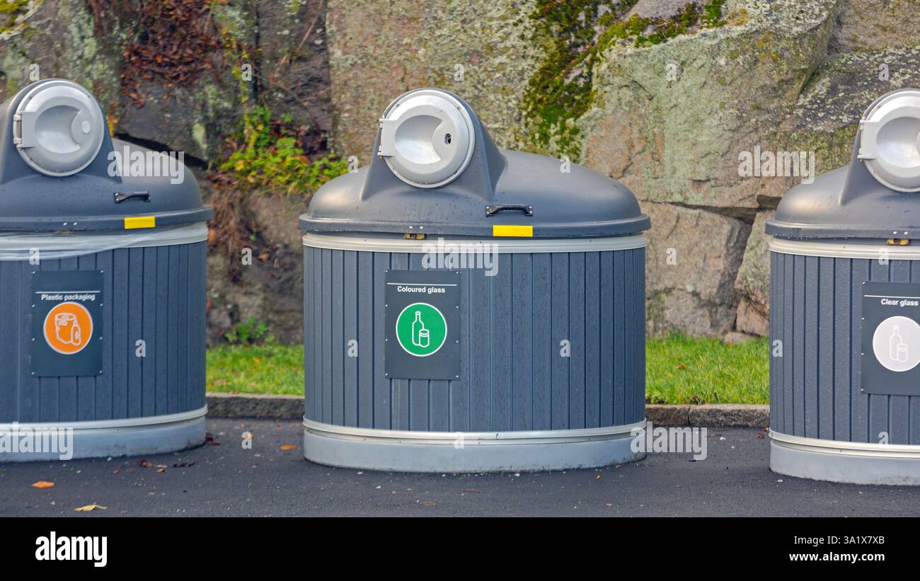 Sorting Waste Coloured Glass Recycling Bin in Sweden Stock Photo - Alamy