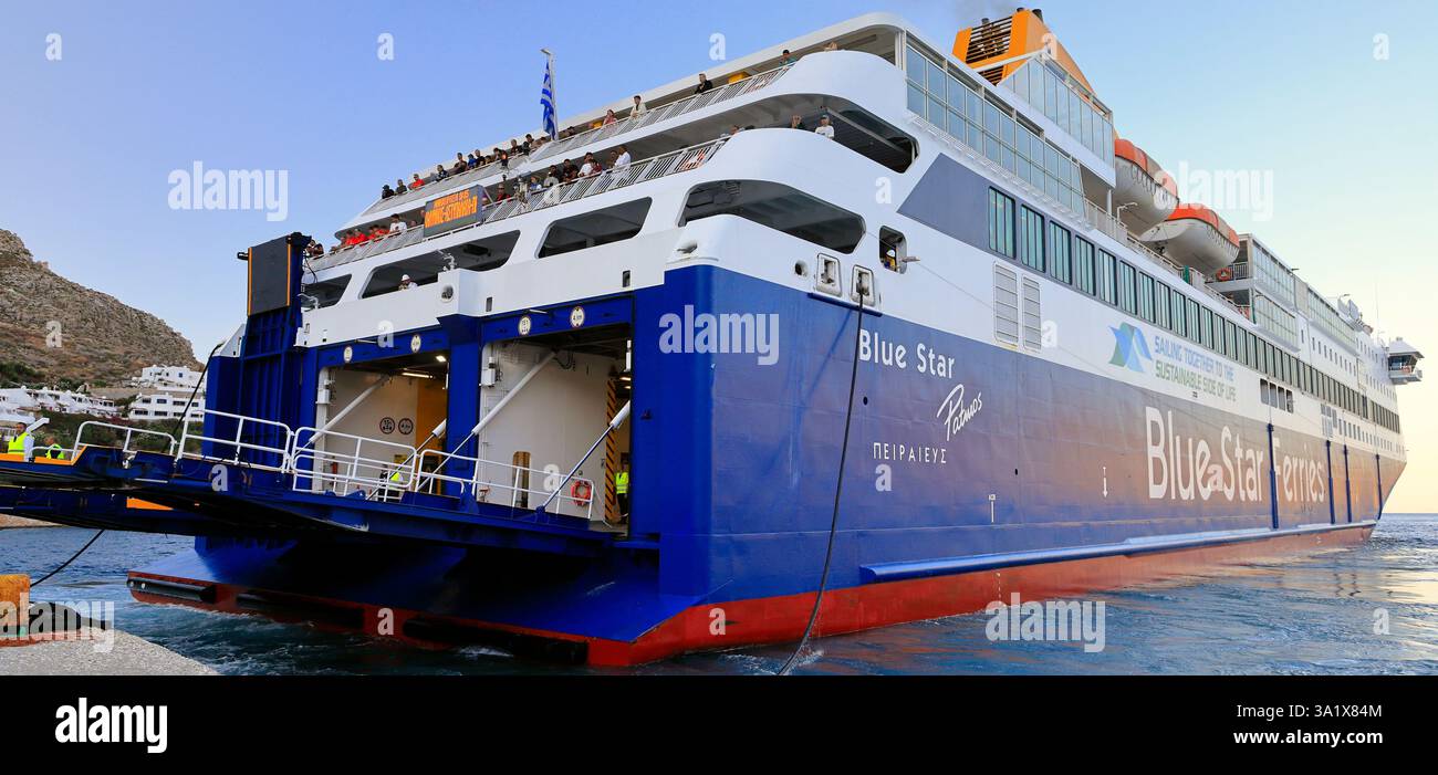 Blue Star Ferry - Patmos- Loading and unloading at Livadia Harbour ...