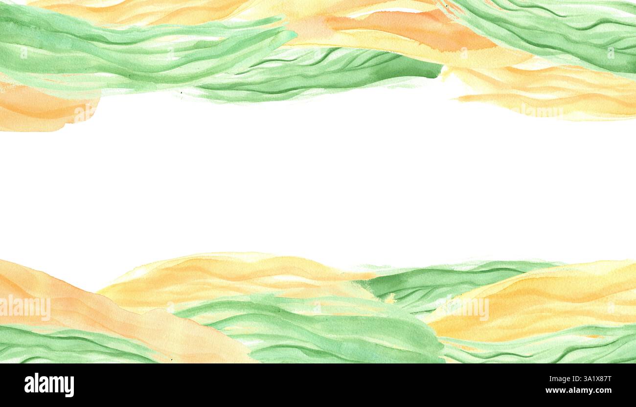 Watercolor wavy orange, green lines rectangle frame with empty space ...