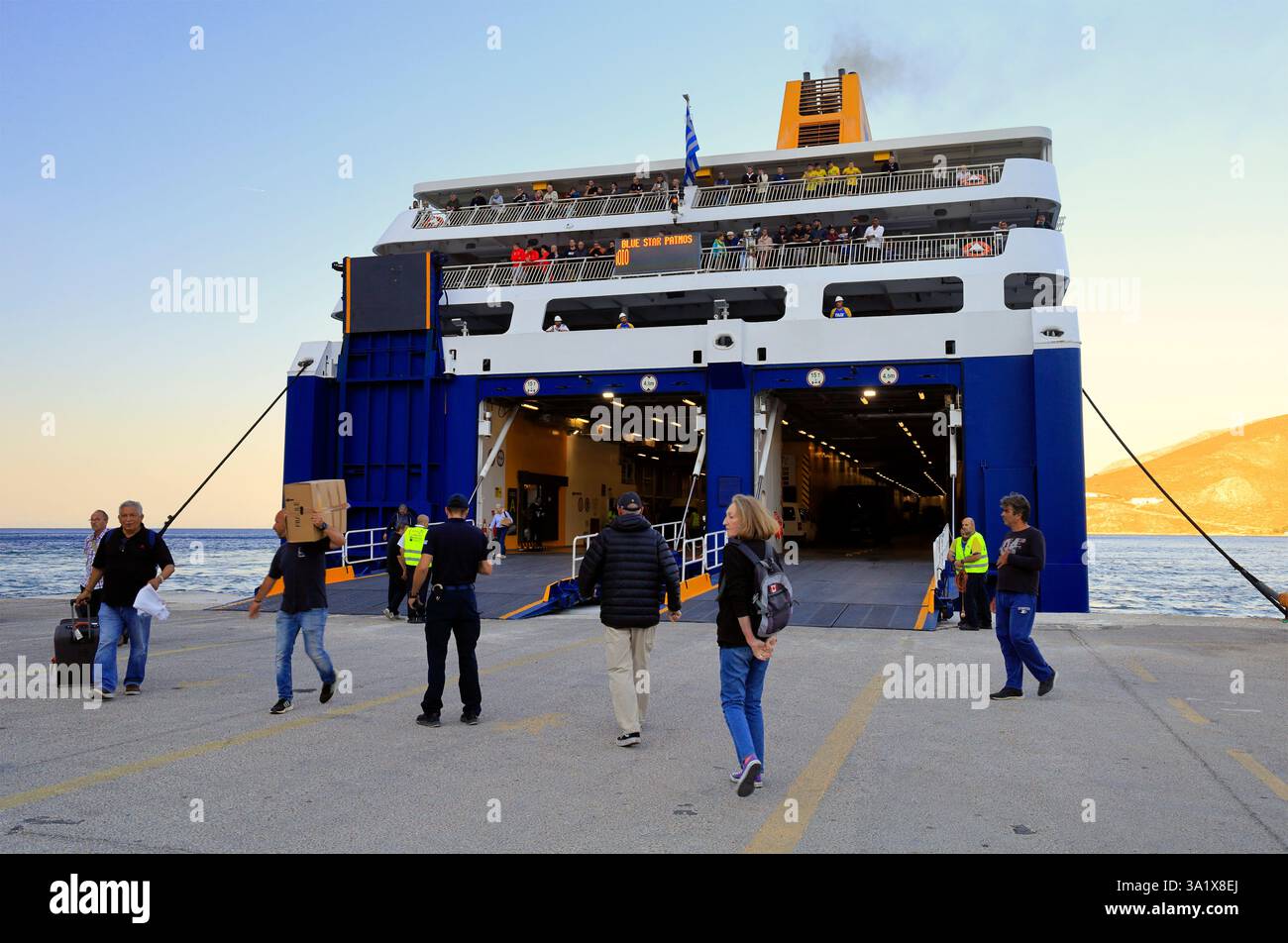 Blue Star Ferry - Patmos- Loading and unloading at Livadia Harbour ...