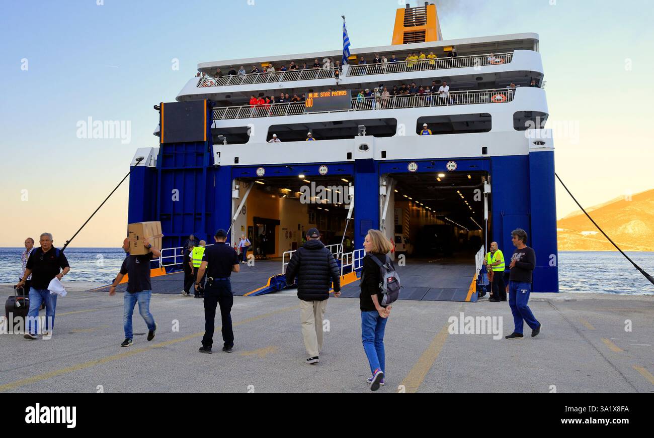 Blue Star Ferry - Patmos- Loading and unloading at Livadia Harbour ...