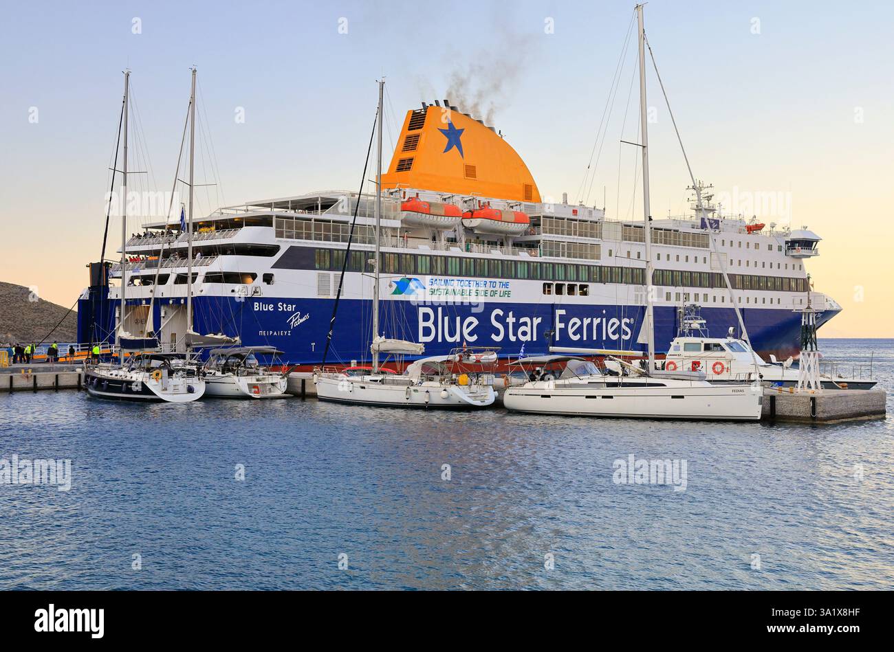 Blue Star Ferry - Patmos- Loading and unloading at Livadia Harbour ...