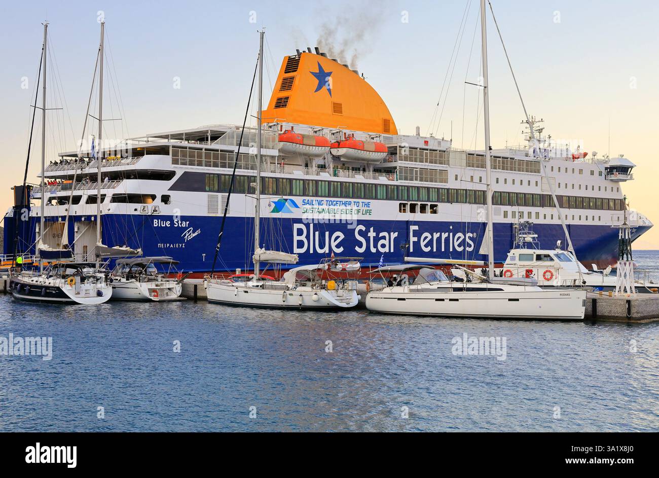 Blue Star Ferry - Patmos- Loading and unloading at Livadia Harbour ...