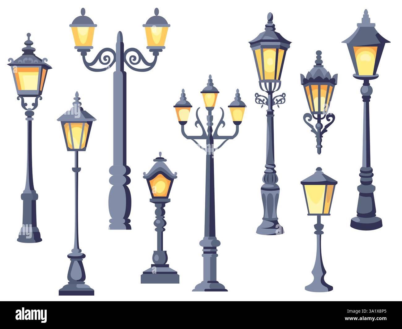 Vintage street lamps. Old city park light sources, cast iron forging ...
