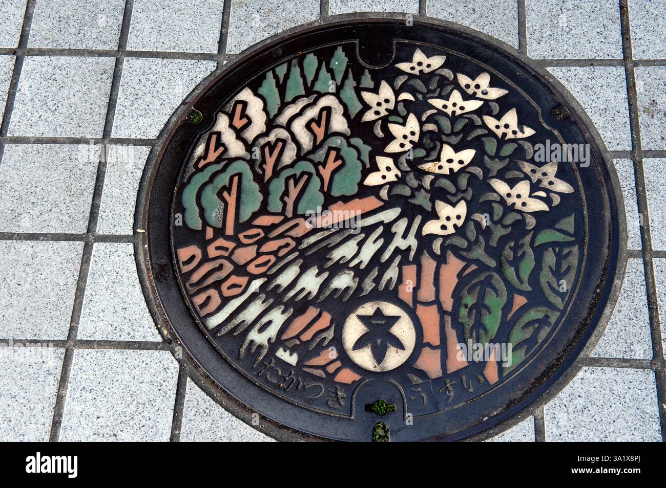 Colorful manhole cover art in Takatsuki City, Osaka showing flowers ...