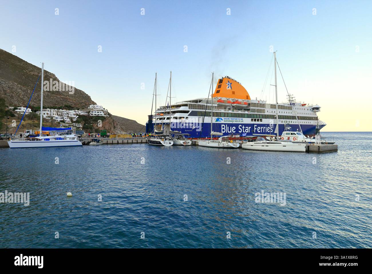 Blue Star Ferry - Patmos- Loading and unloading at Livadia Harbour ...