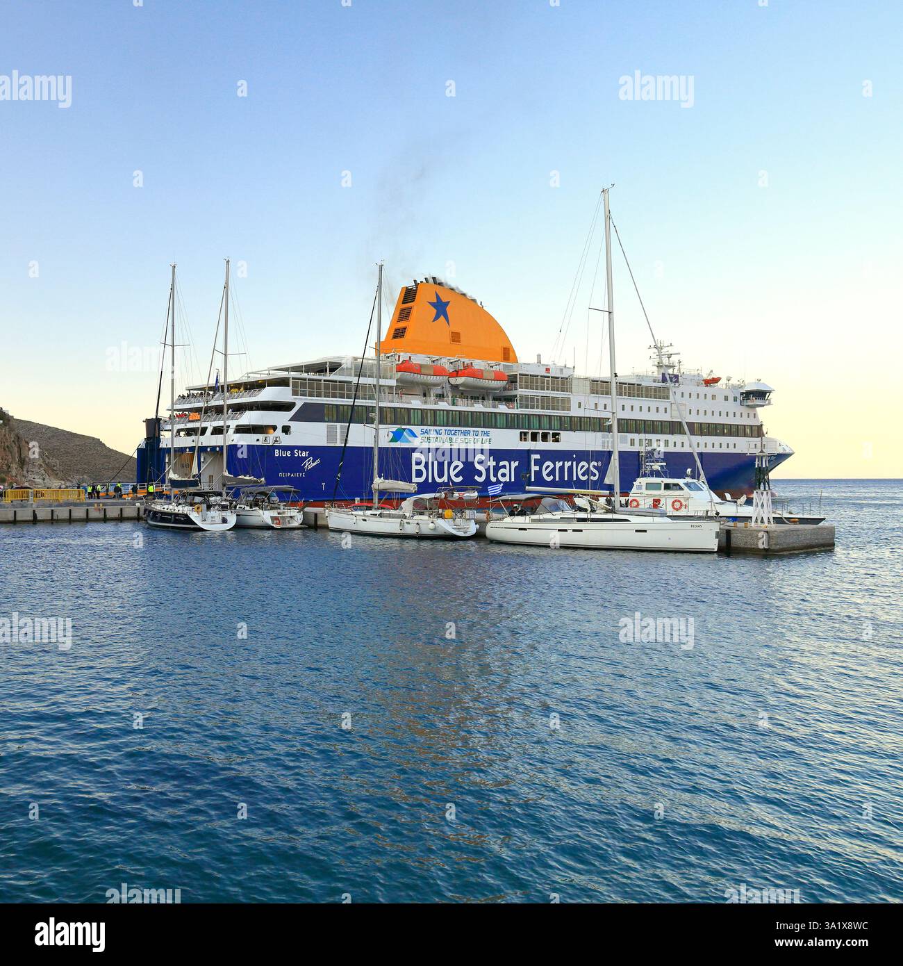 Blue Star Ferry - Patmos- Loading and unloading at Livadia Harbour ...
