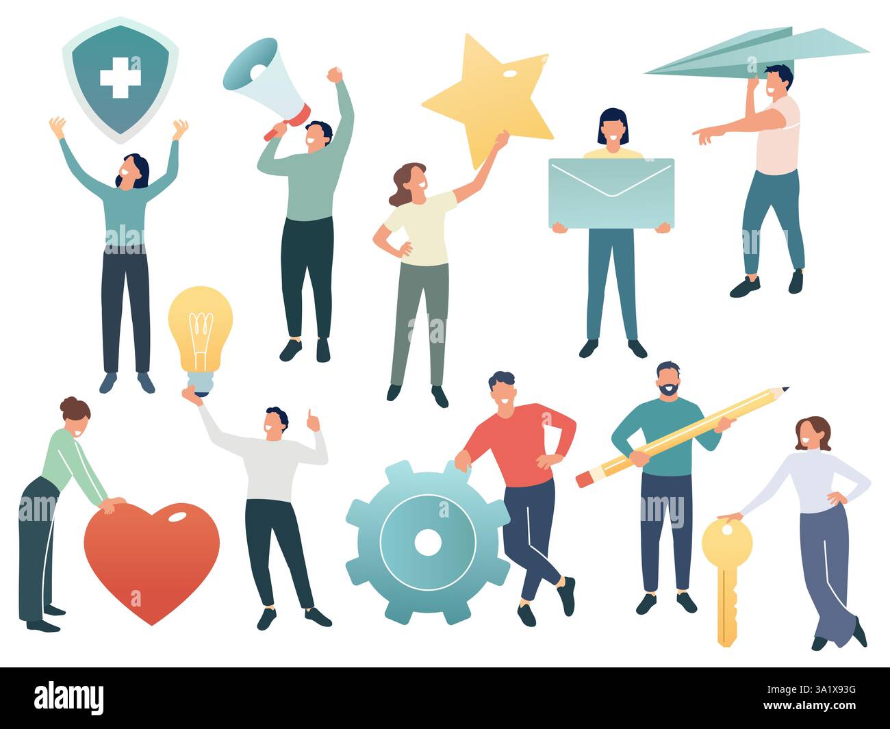 Tiny people hold social media elements. Men and women with large items ...