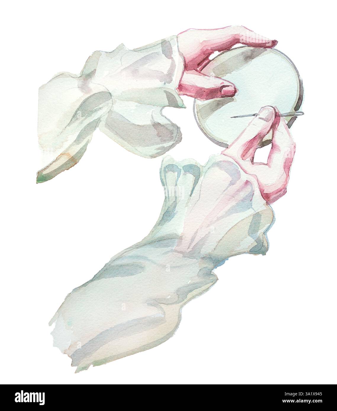 Watercolor hand drawn illustration of woman with a cross stich ...