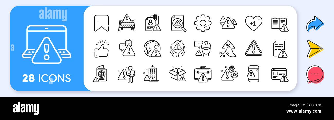 Warnings line icons. Caution sign, Exclamation mark, Risk attention. Danger alert. App line ...