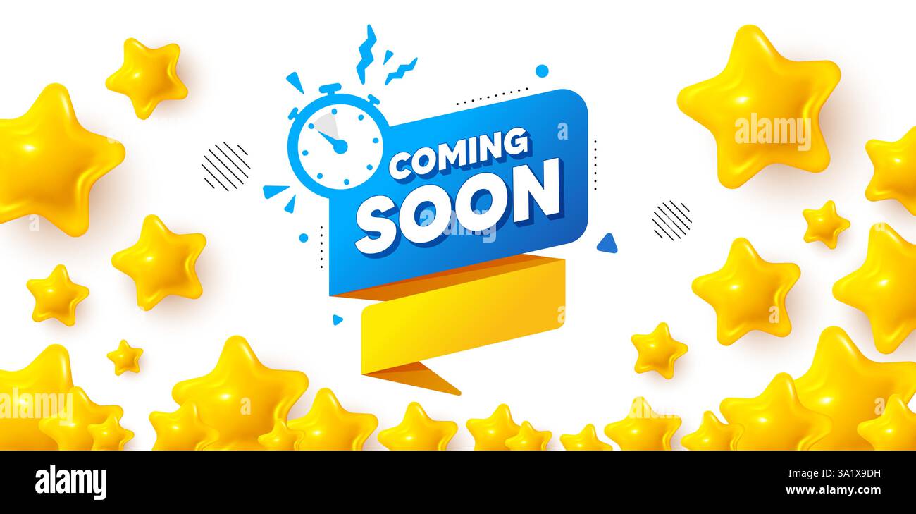 Coming soon paper banner. Timer announcement tag. Winner banner with 3d ...
