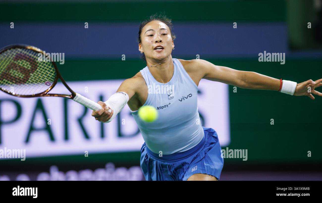 March 9, 2025: Qinwen Zheng (CHN) hits a shot against Lulu Sun (NZL) in their round 3 match ...