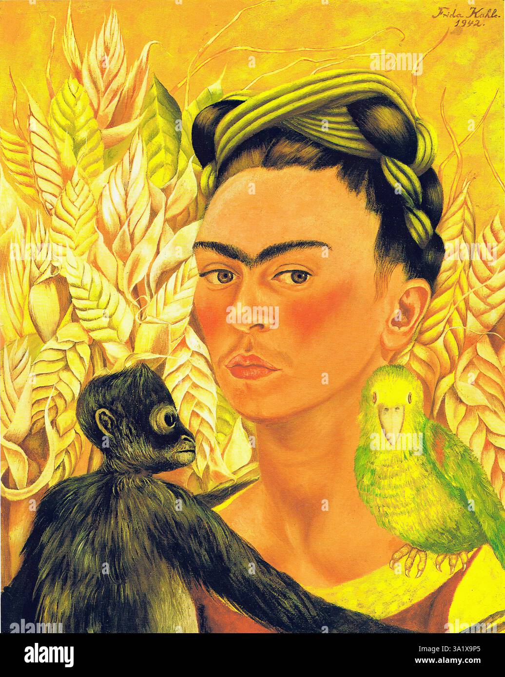 Frida Kahlo - Self-Portrait with monkey and parrot (1942 Stock Photo ...