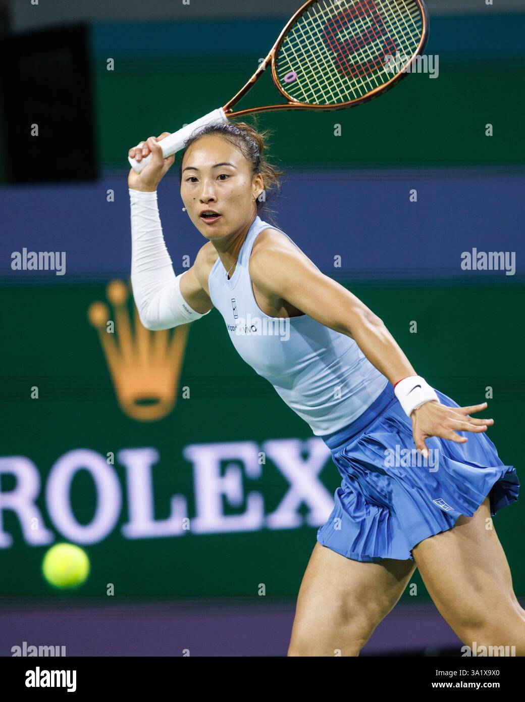 Indian Wells, California, USA. 9th Mar, 2025. Qinwen Zheng (CHN) hits a shot against Lulu Sun ...