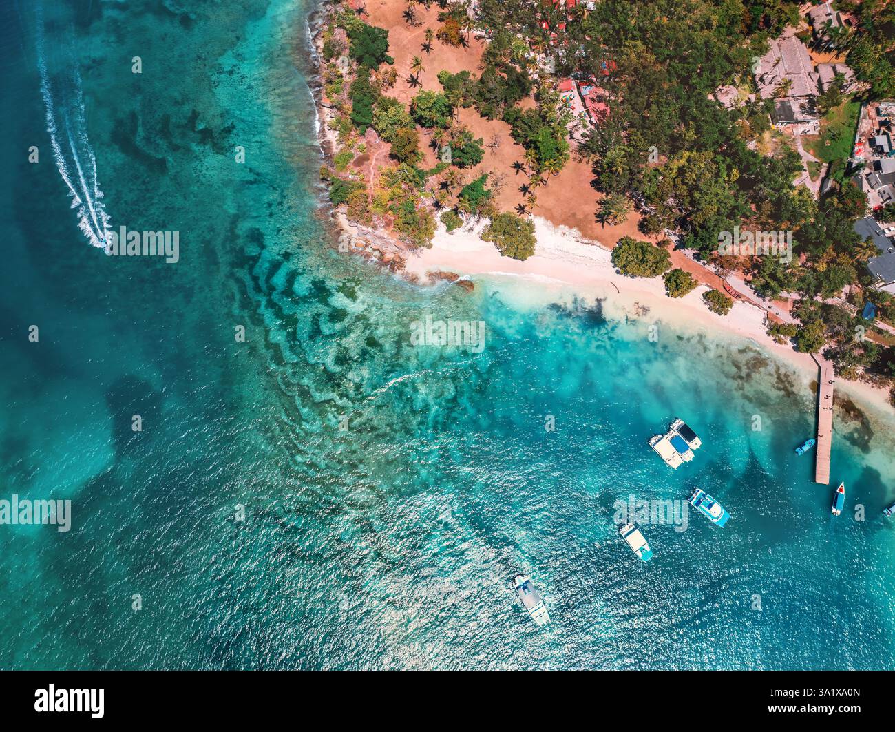 Aerial view over Caribbean Sea and Exotic Palm trees on Bacardi Island ...