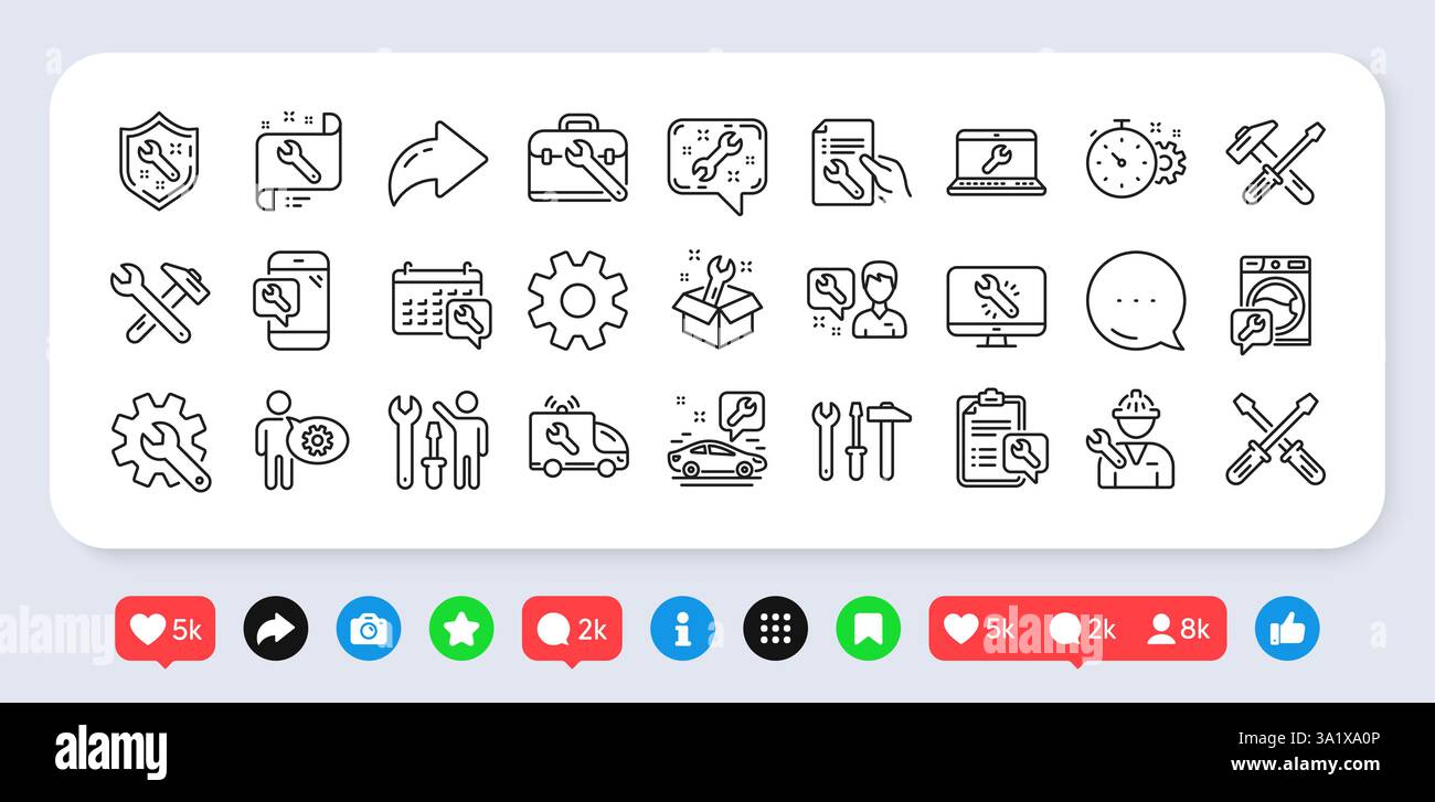 Repair line icons. Set of Hammer, Screwdriver and Spanner tool. Social ...