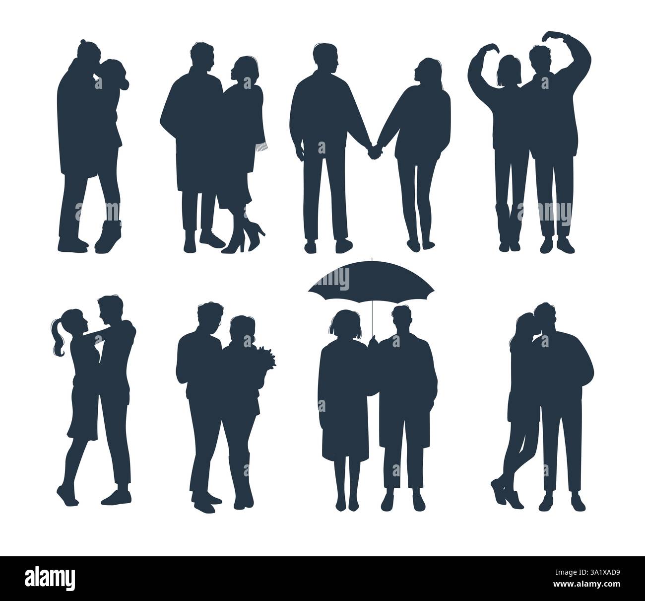 Set silhouettes pairs men and women. Romantic girls and guys hugging ...