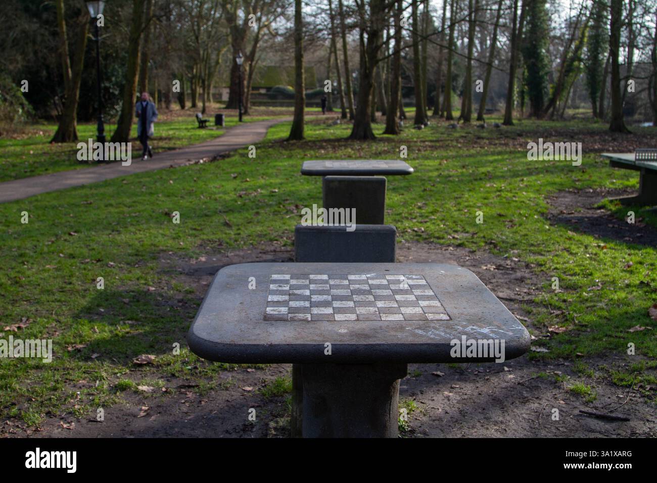Chess board embedded in a stone table in a park in Thetford Stock Photo ...