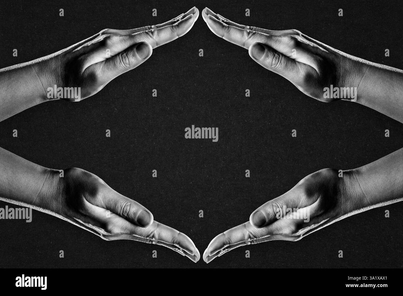 Hands in Black and White Forming Empty Framel Sign on Black Textured Background with Copy Space ...