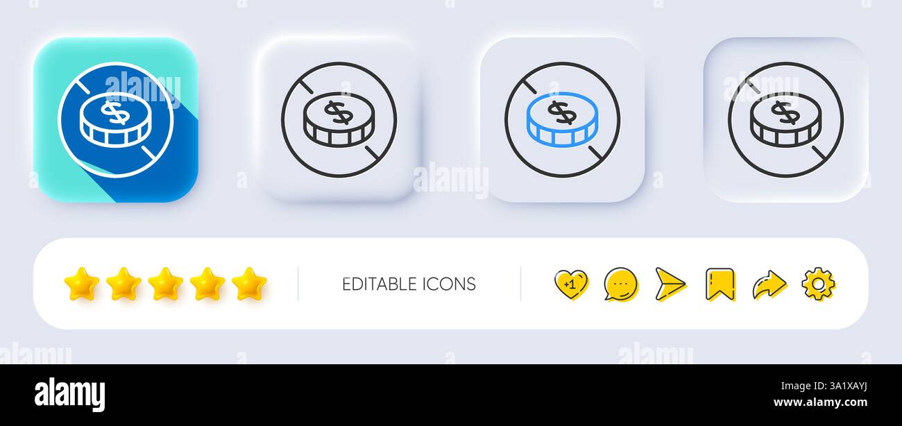 No cash line icon. Neumorphic, Flat shadow, 3d buttons. Tax free sign ...