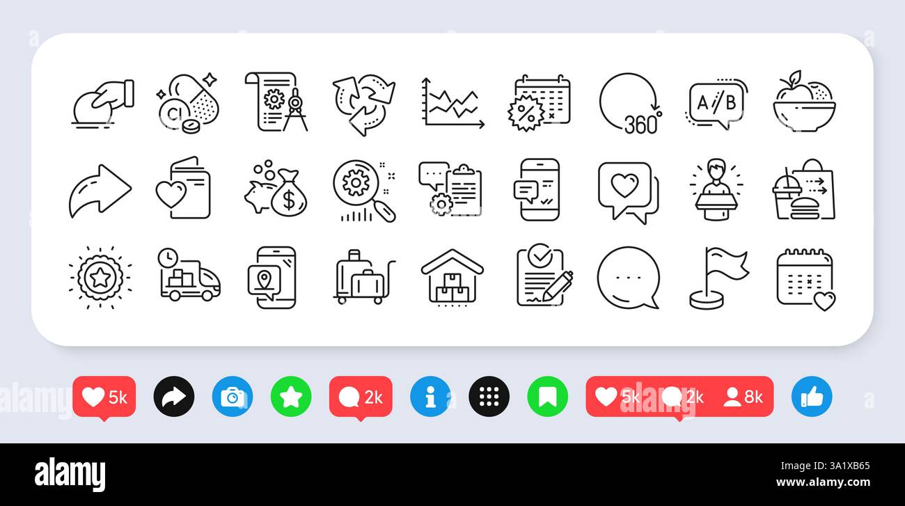Donate, Milestone and 360 degrees line icons pack. Social media: share, comment, like icons ...